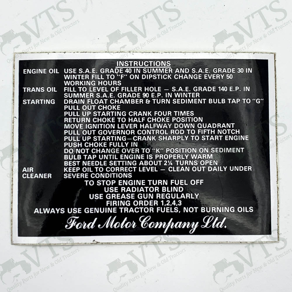 Starting Instruction Decal | Fordson E27N | Vintage Tractor Spares